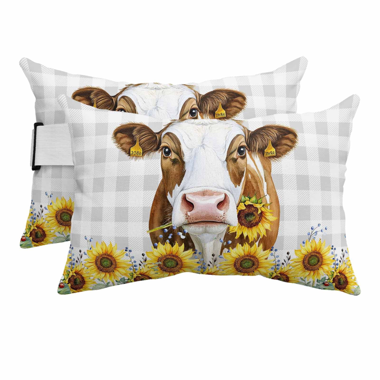 2PCS Outdoor Pillow for Chaise Lounge Chair Farm Cow Sunflower Flower ...