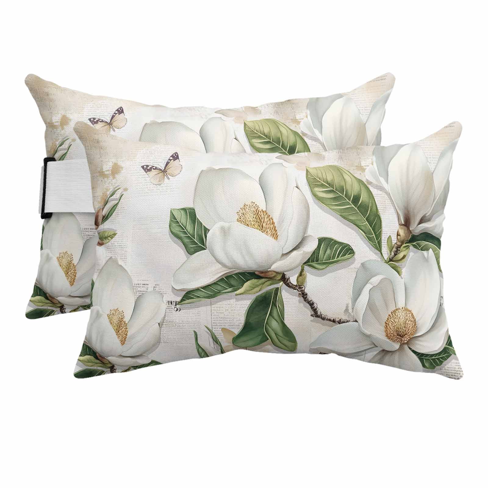 2PCS Outdoor Pillow for Chaise Lounge Chair Retro Magnolia on Newspaper ...