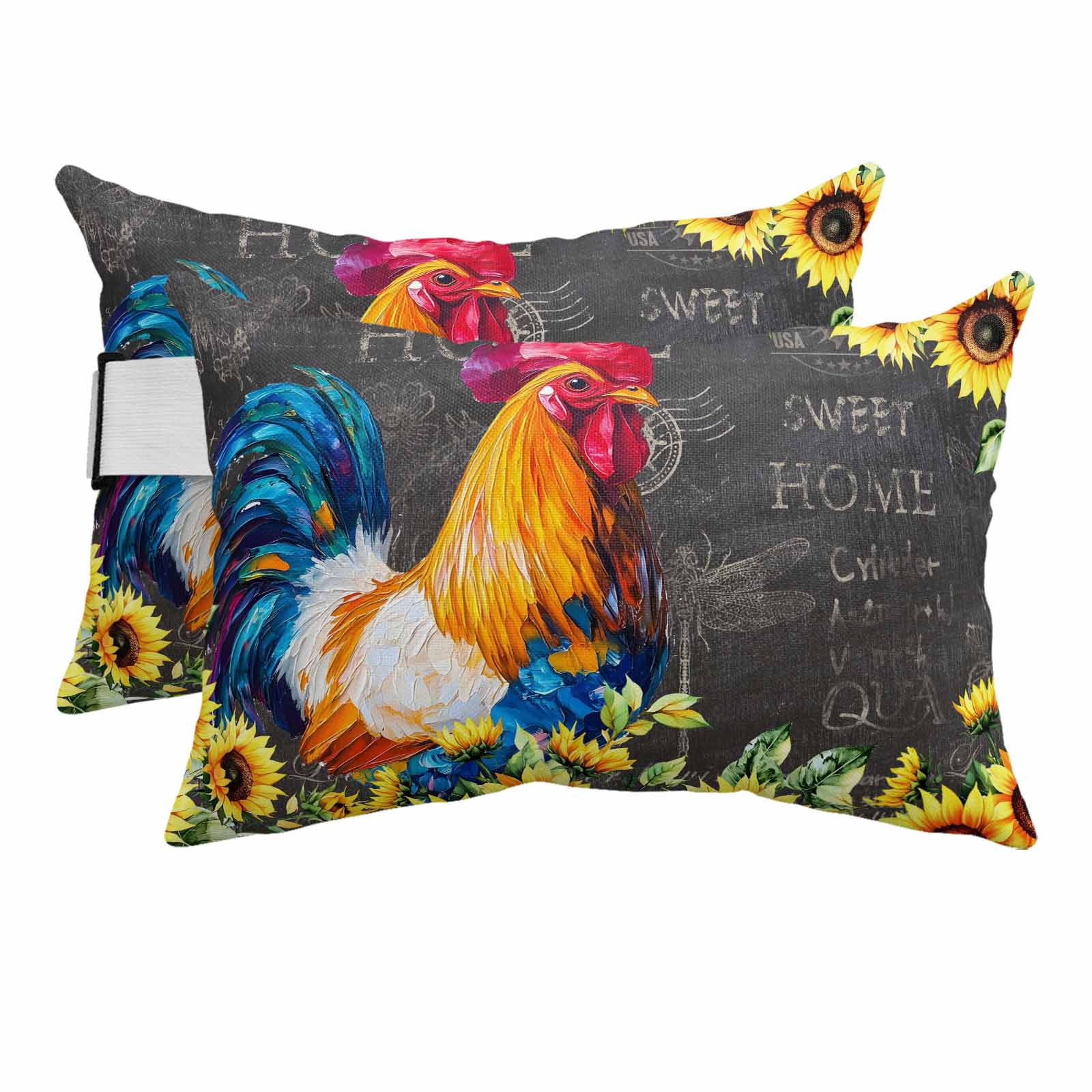 2PCS Outdoor Pillow for Chaise Lounge Chair Rustic Sunflower Rooster ...