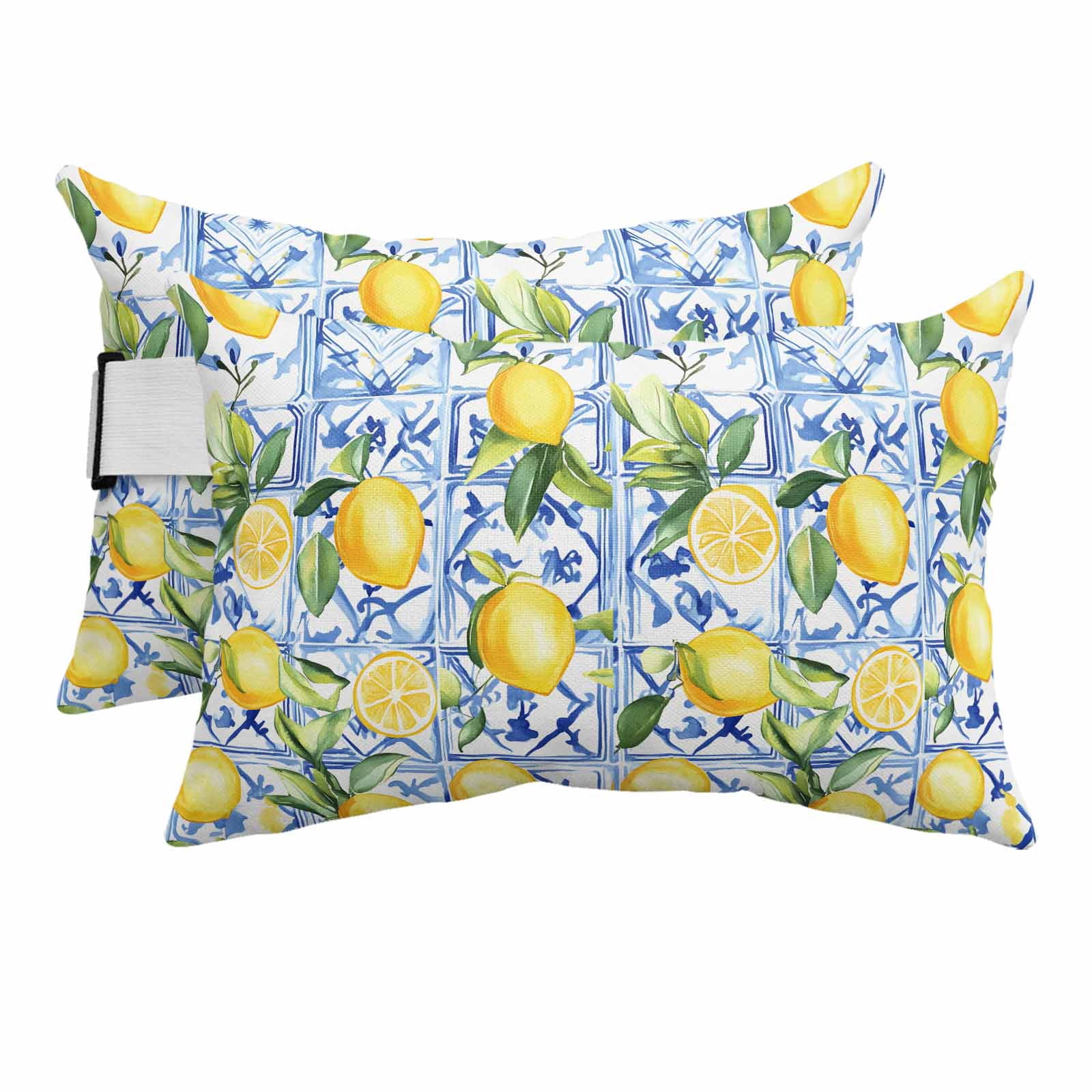 2PCS Outdoor Pillow for Chaise Lounge Chair Watercolor Farm Lemon Green ...