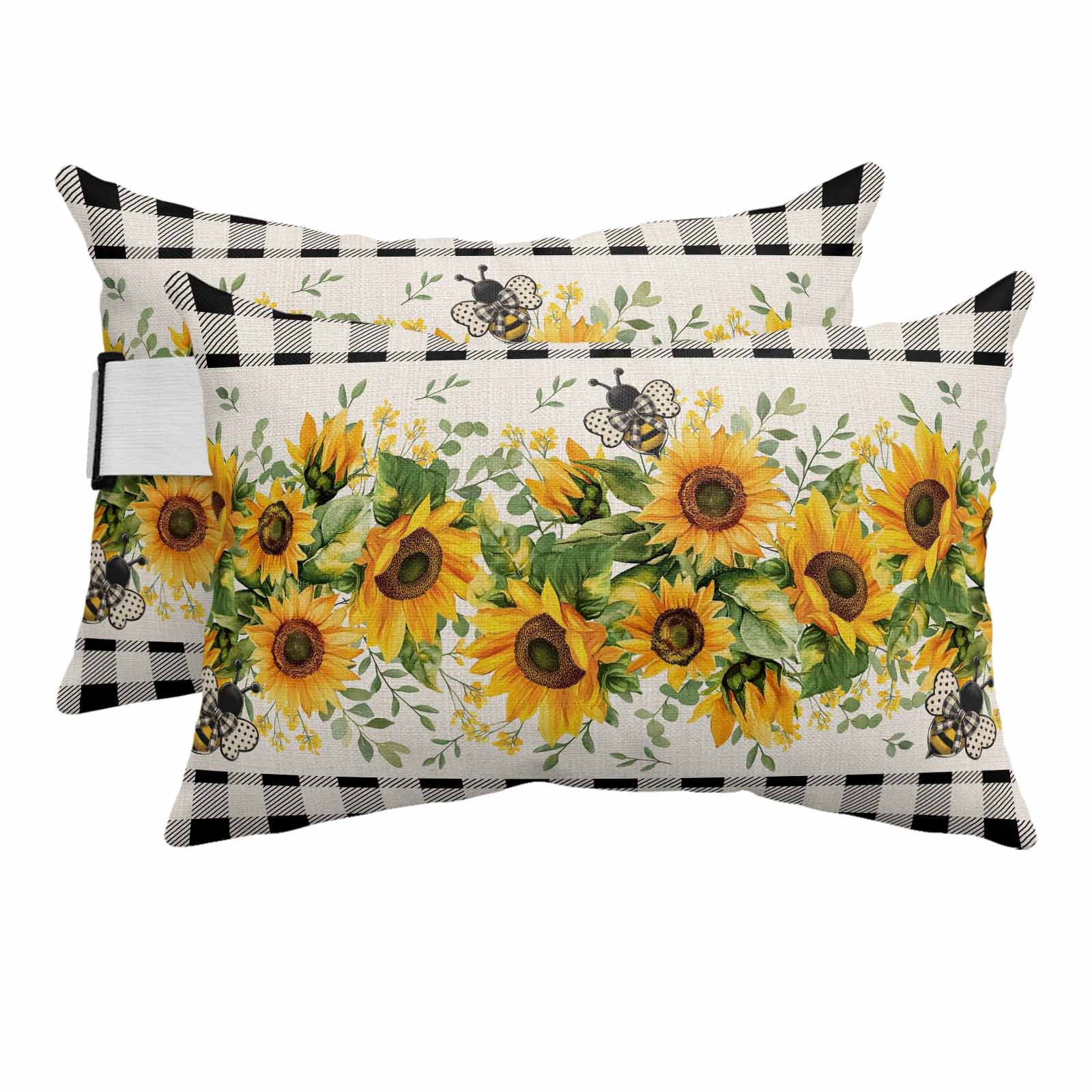2PCS Outdoor Pillow for Chaise Lounge Chair Watercolor Sunflower Bee ...