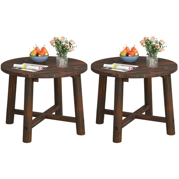 2PCS Outdoor Side Table w/ Solid Wood Structure Small Round Coffee ...