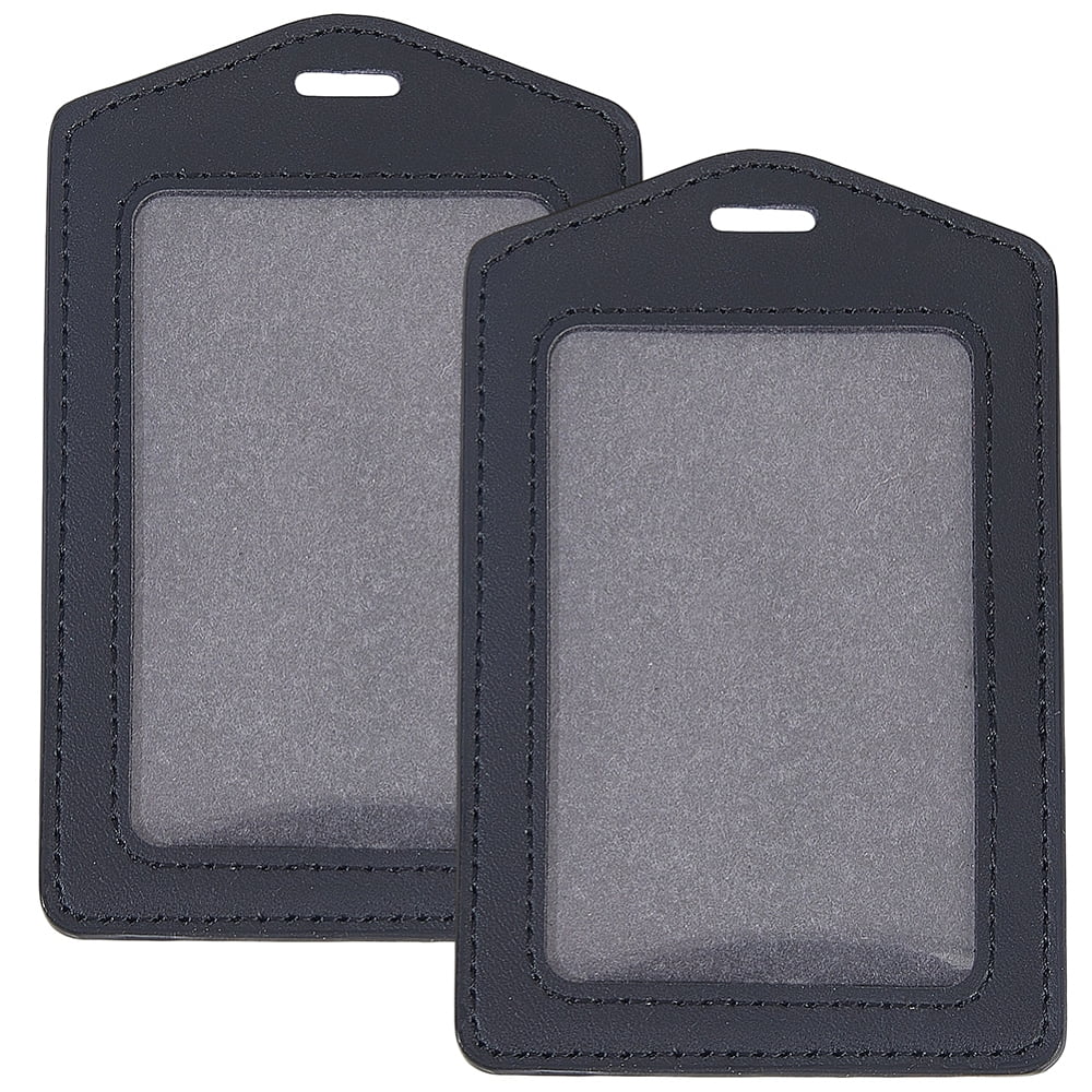 2PCS PU Leather ID Badge Holder Black Vertical Single Side Clear Card ...