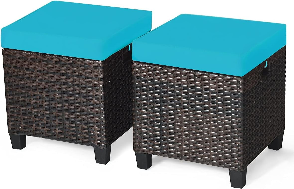 2PCS Patio Outdoor Ottomans, Rattan Wicker Ottoman Seat w/Removable ...