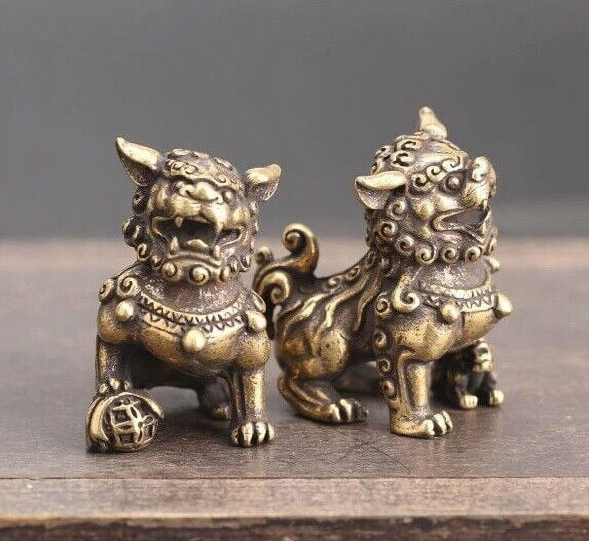 2PCS Pure Copper Lion Animal Statue Small Sculpture Tabletop Figurine ...