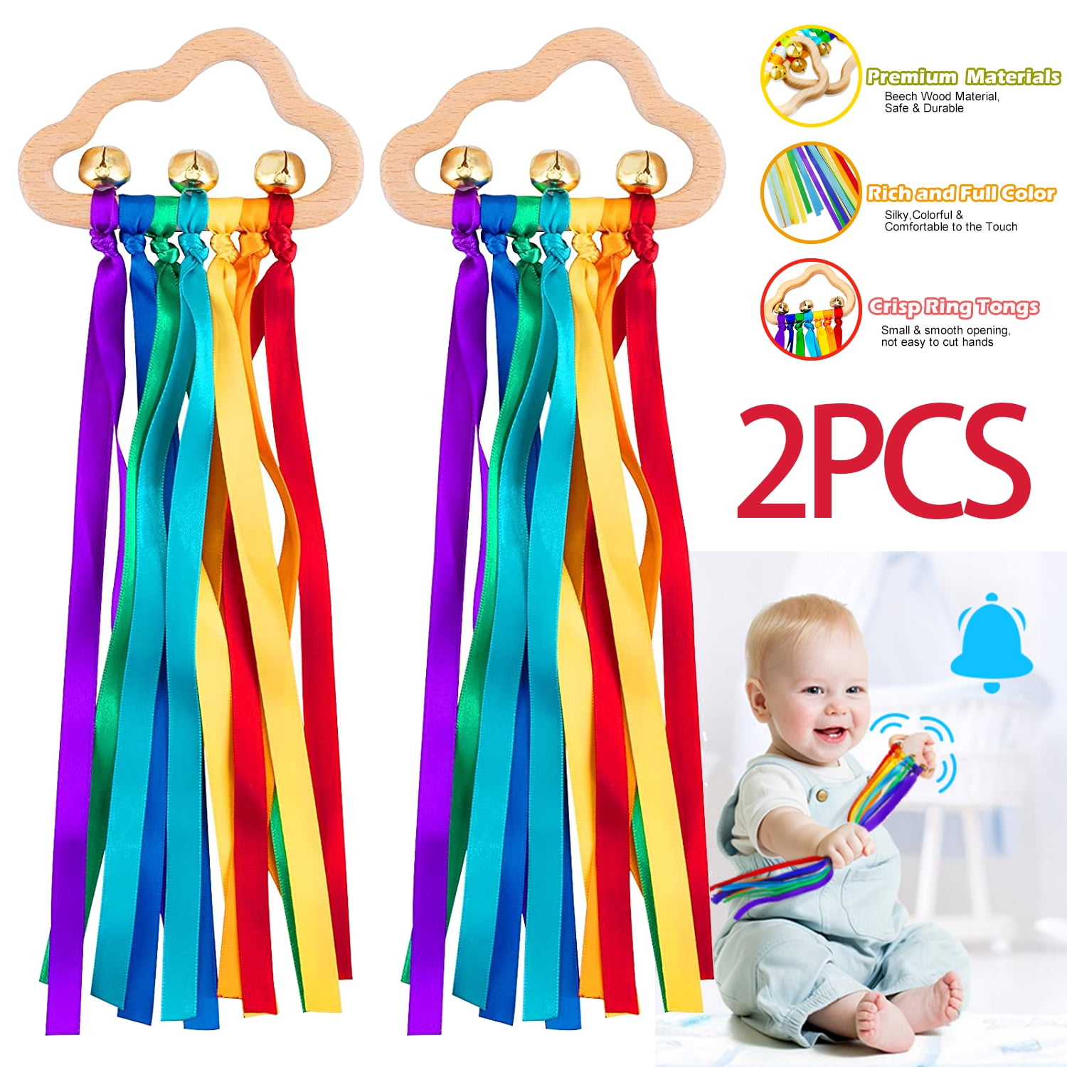2PCS Rainbow Hand Kite Toys Bells,Rainbow Ribbon Sensory Toy for Babies ...
