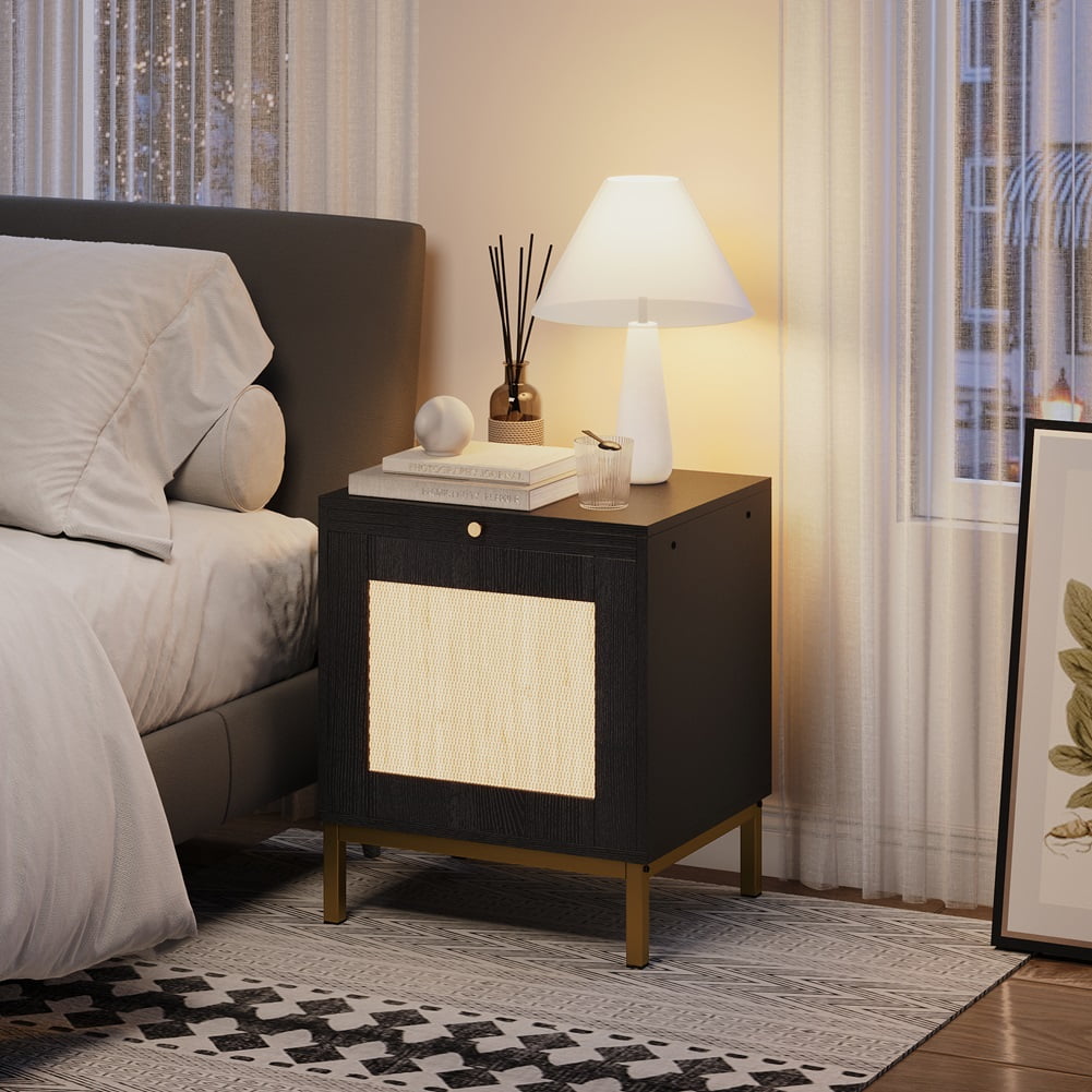 2PCS Rattan Nightstand, Rattan End Table with Hidden Retractable ...