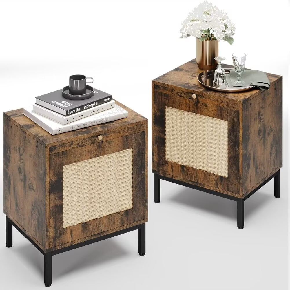 2PCS Rattan Side Table with Retractable Tray | High-Quality MDF & Solid ...