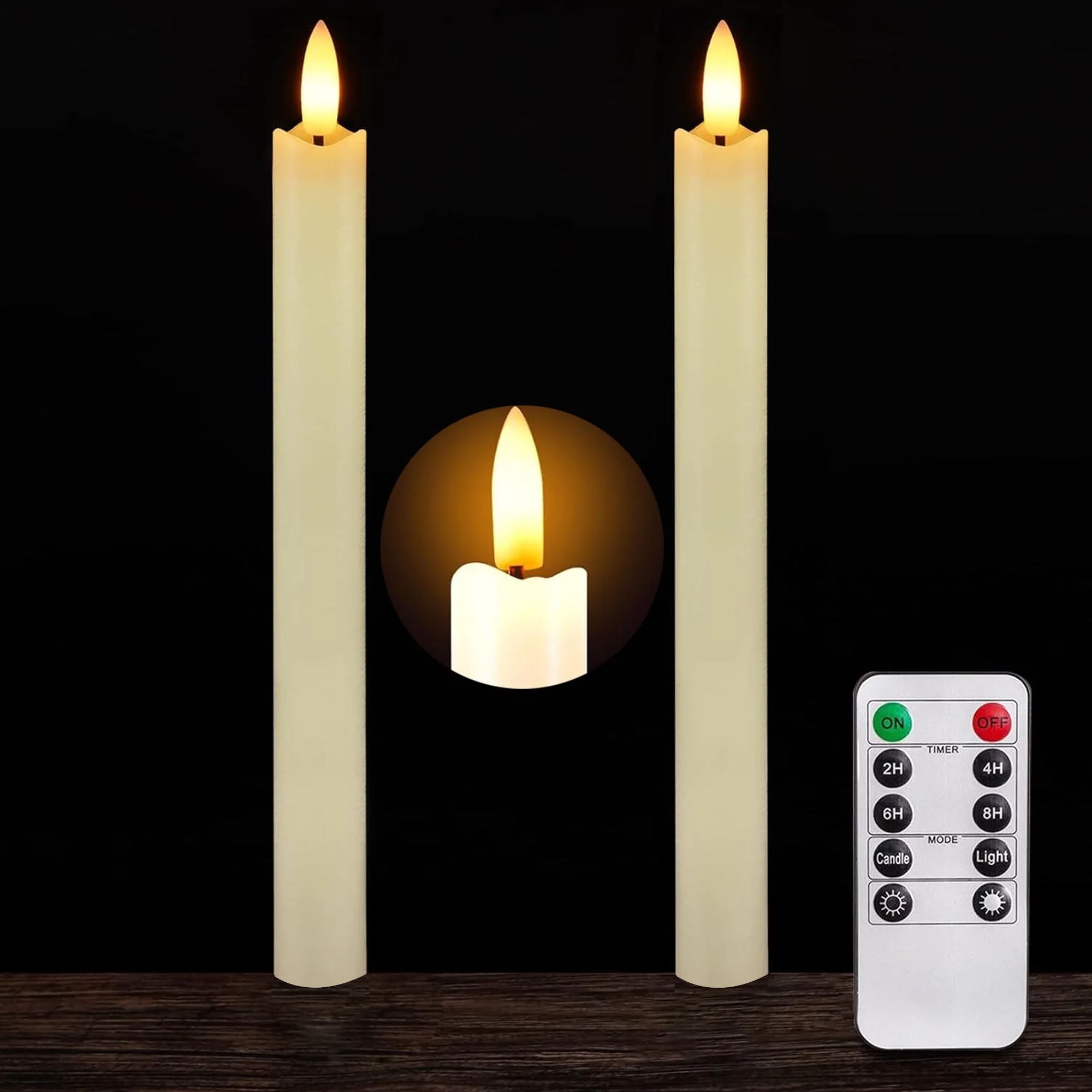 2PCS Real Wax Made Flameless Taper Candles with Remote and Timer, 9.6 ...