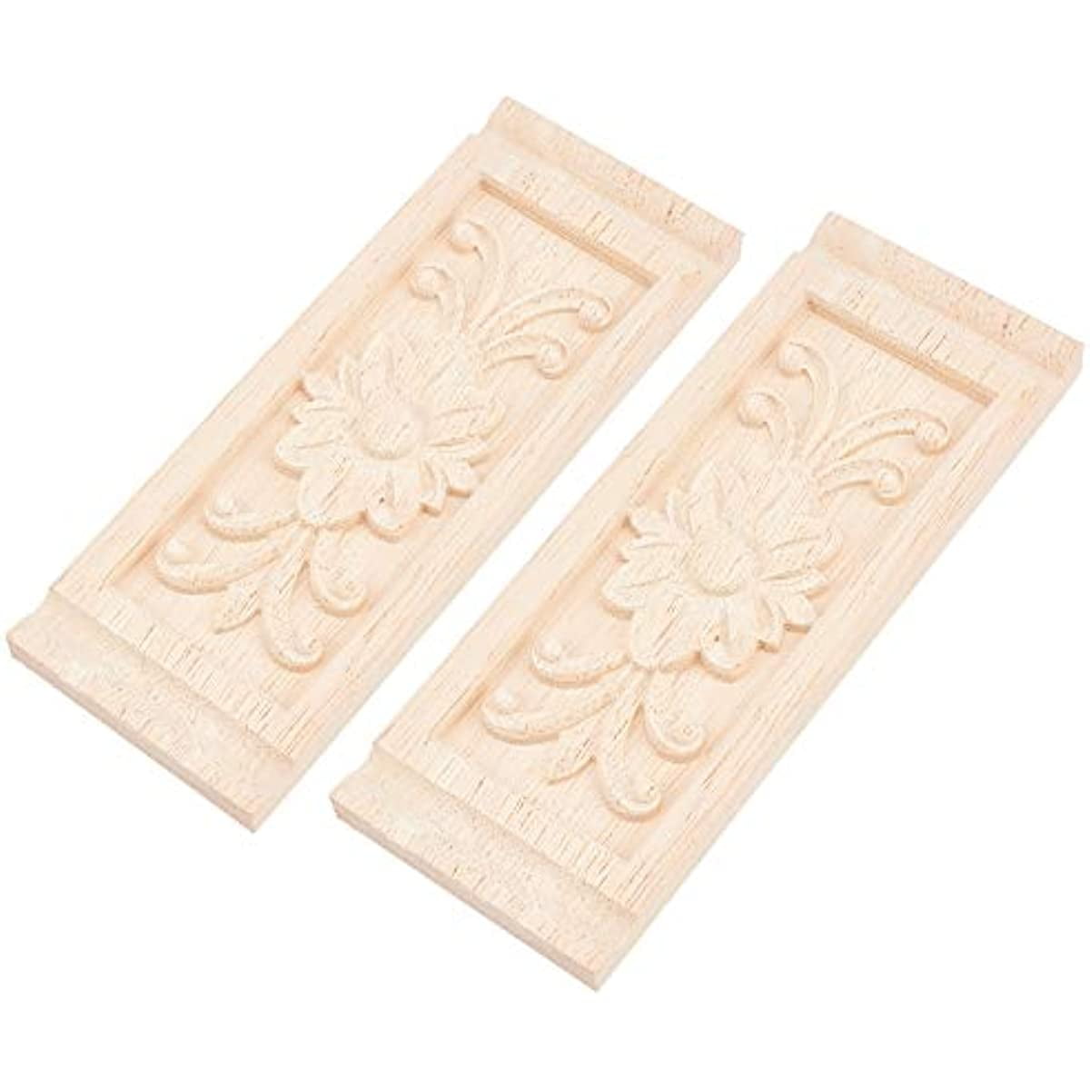 2PCS 6.3x2.4inch Floral Wood Carving Decal, Rectangle Wood Solid Onlay ...