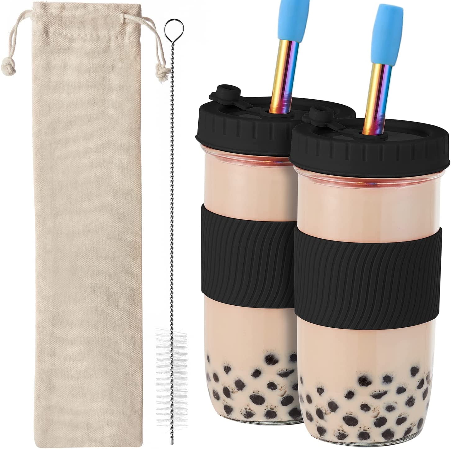 24Oz 2PCS Reusable Boba Cup Set, Leakproof Glass Cups with Silicone ...