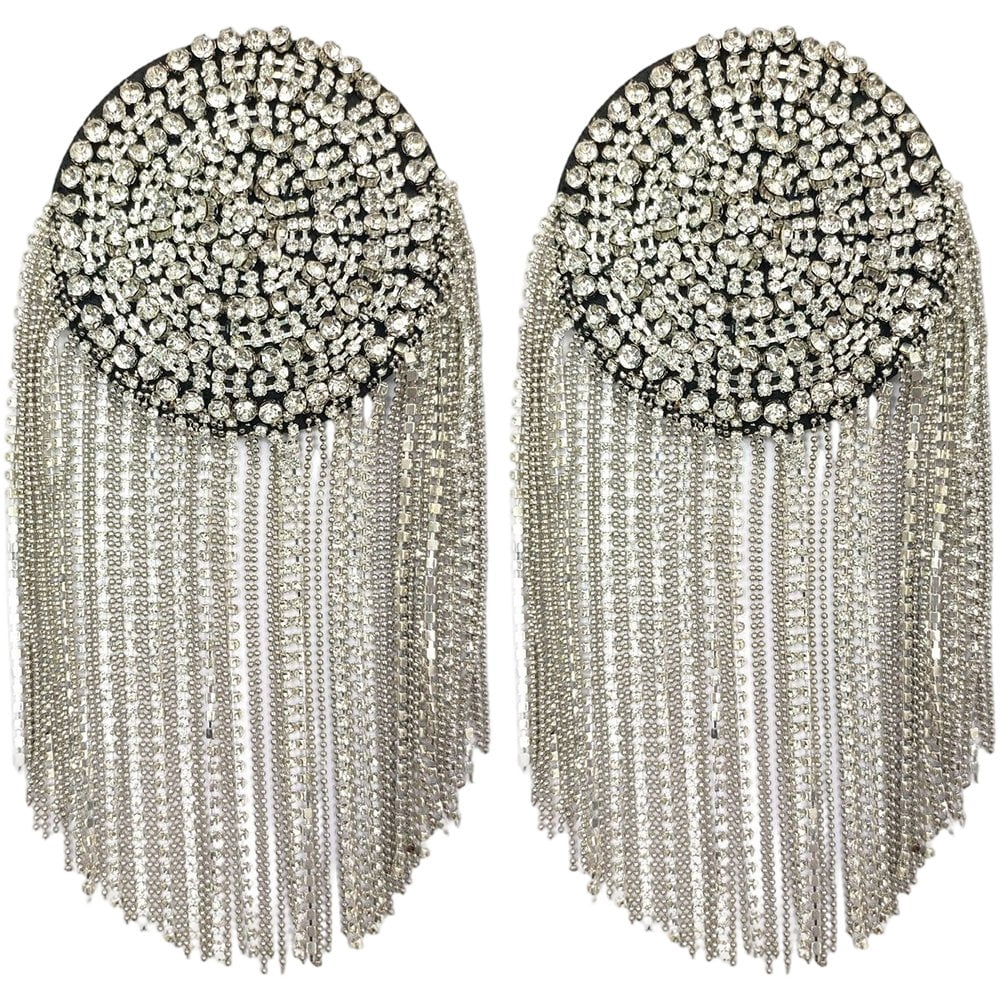 2PCS Rhinestone Shoulder Tassel Shoulder Epaulettes Silver Retro Tassel ...