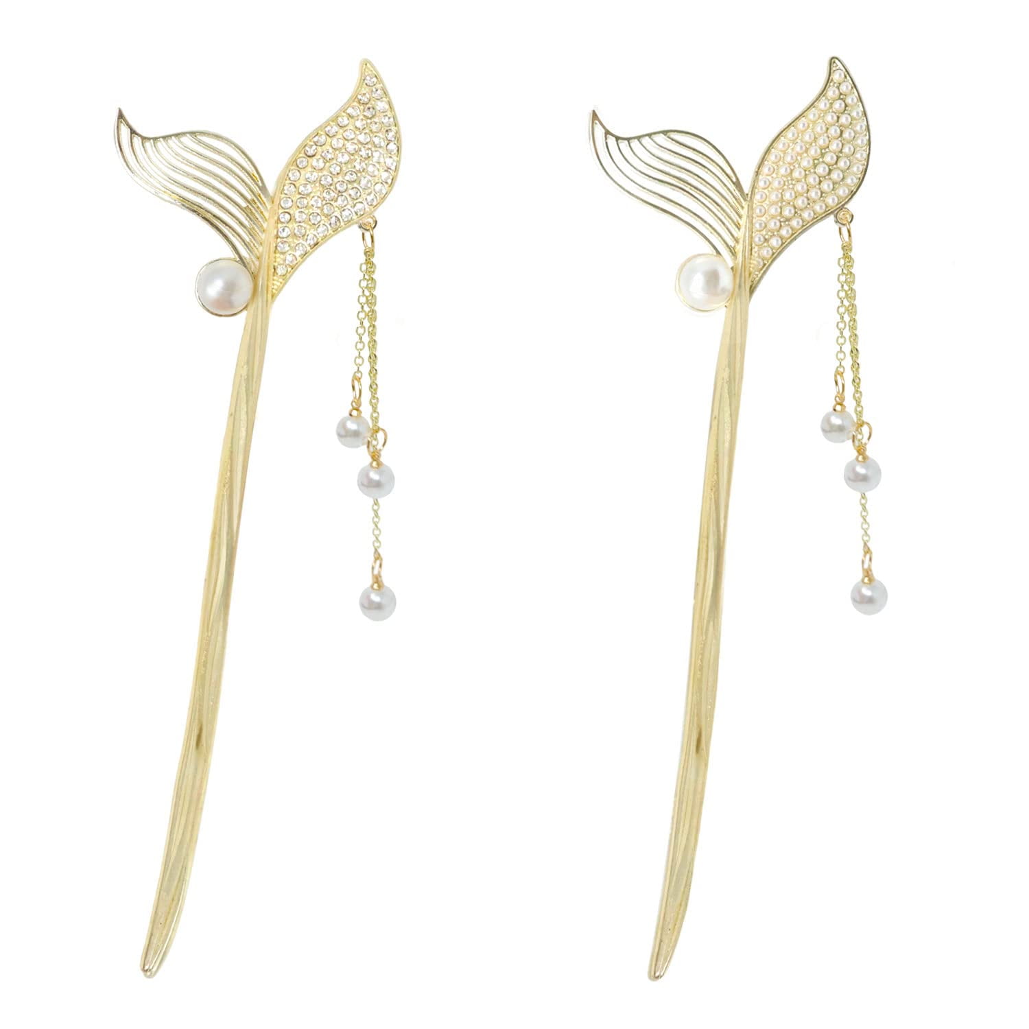 2PCS Rhinestone and Pearl Hair Chopstick Fishtail Chinese Hair Sticks ...