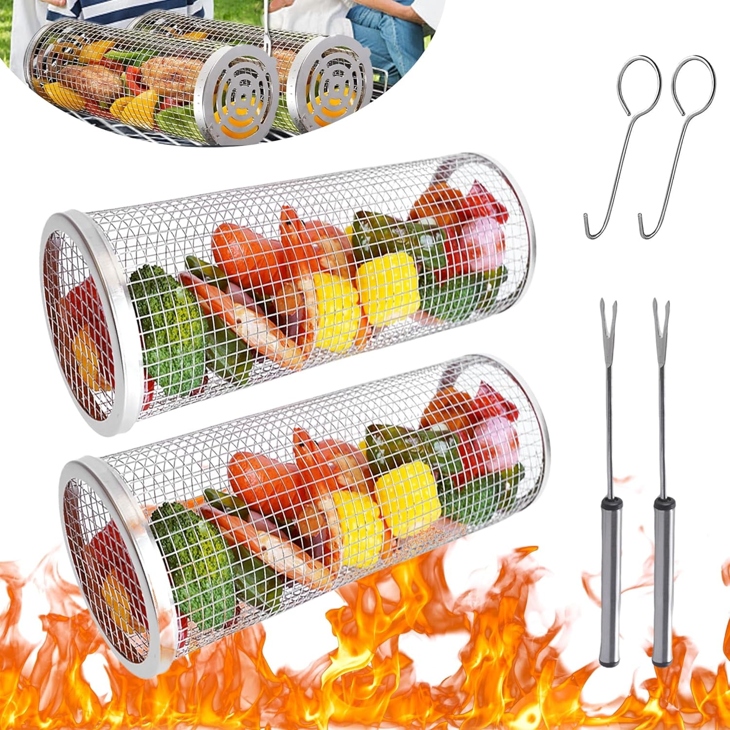 2PCS Rolling Grill Baskets, Round Grill Rack, Stainless Steel BBQ Grill ...