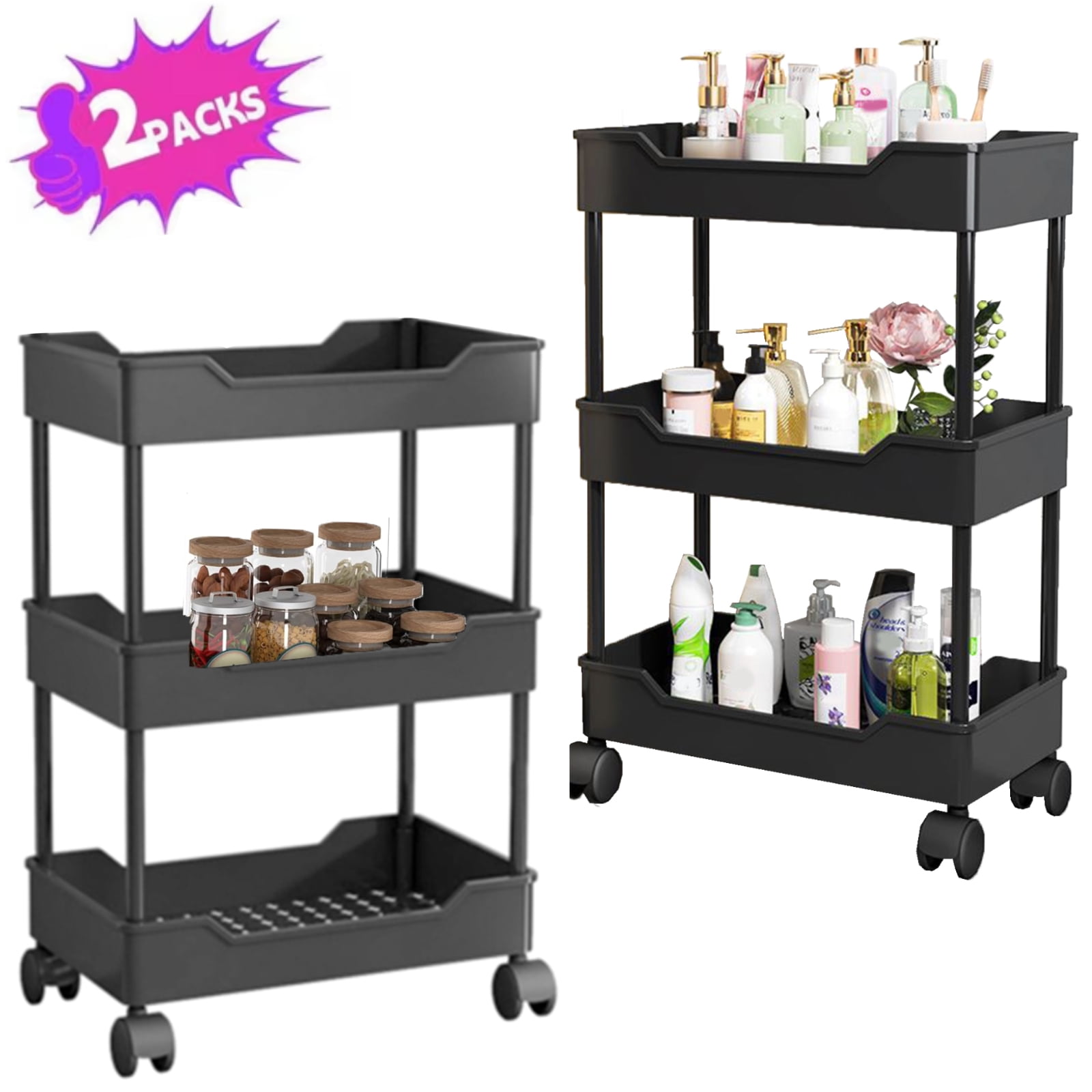 2PCS Rolling Utility Cart,3 Tier Rolling Kitchen Storage Utility Cart ...