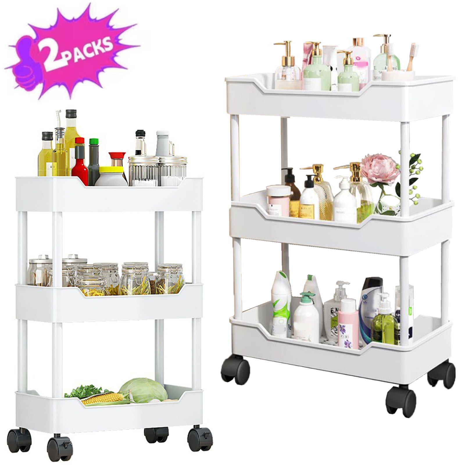 2PCS Rolling Utility Cart,3 Tier Rolling Kitchen Storage Utility Cart ...