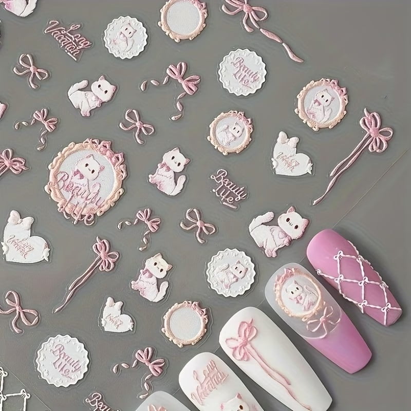 2PCS Self-Adhesive Glitter Pink Cat Nail Art Stickers - Cute 3D Cartoon ...