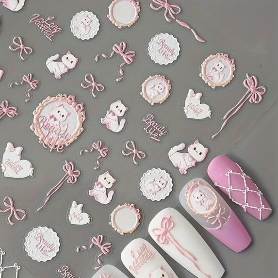 2PCS Self-Adhesive Glitter Pink Cat Nail Art Stickers - Cute 3D Cartoon ...