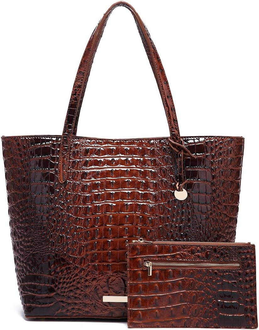 2PCS Set Tote Handbag for Women Crocodile Print Shoulder Purse Leather ...