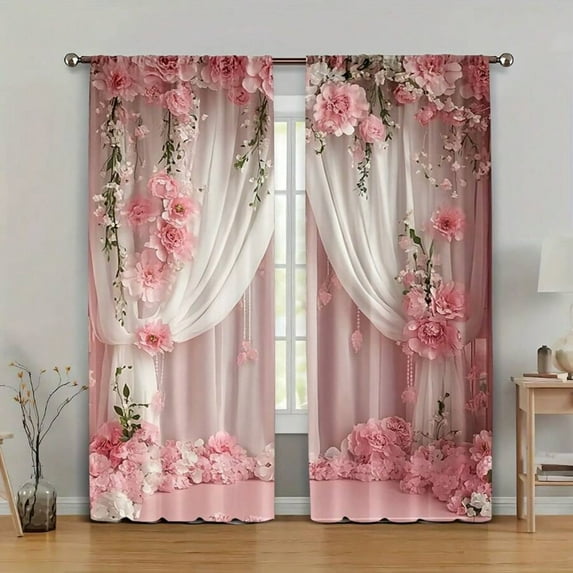 2PCS Sheer Floral Printed Curtains - UV Protected Machine Washable ...
