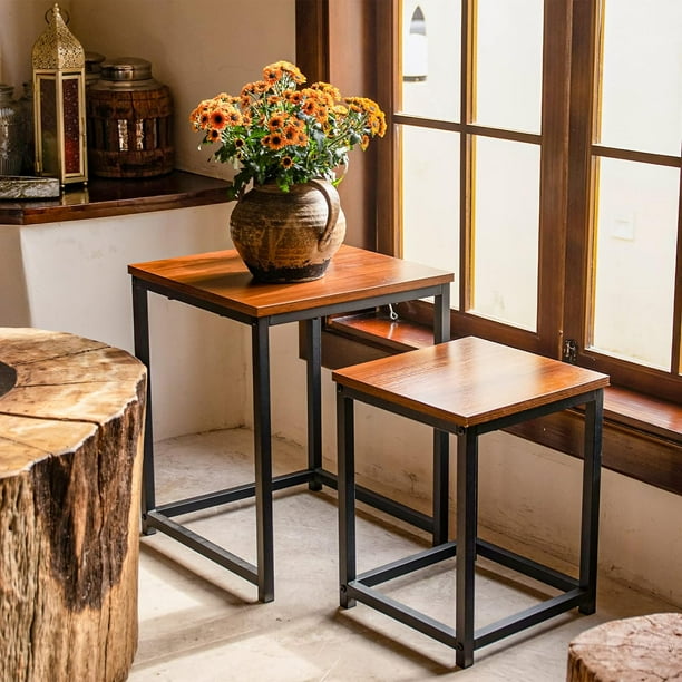 2PCS Side Table Nesting Tables Coffee Table Set of 2 End Tables Living Room Small Side Tables Modern Farmhouse Sturdy Metal Frame Wood Desk