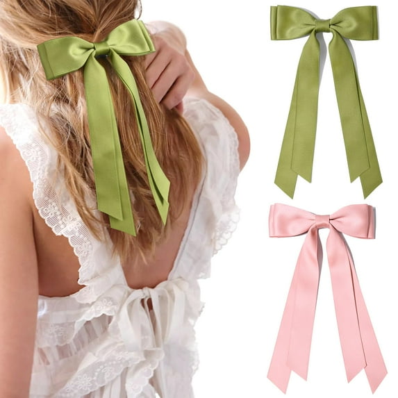 2PCS Silky Satin Hair Bows Hair Clip Black White Hair Ribbon Ponytail ...