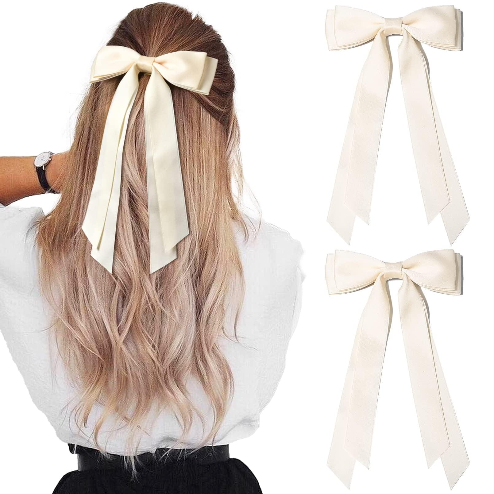 2PCS Silky Satin Hair Bows Hair Clip Black White Hair Ribbon Ponytail ...