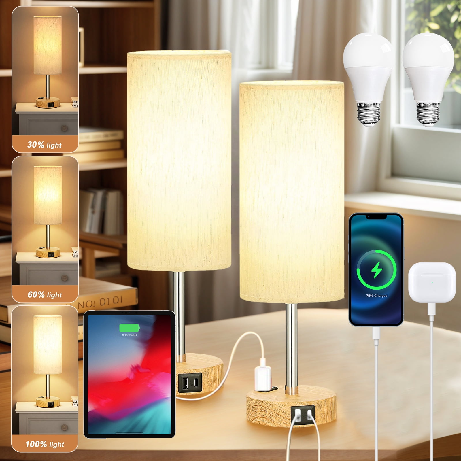 2PCS Small Touch Control Table Lamps for Bedroom, 3 Way Dimmable ...