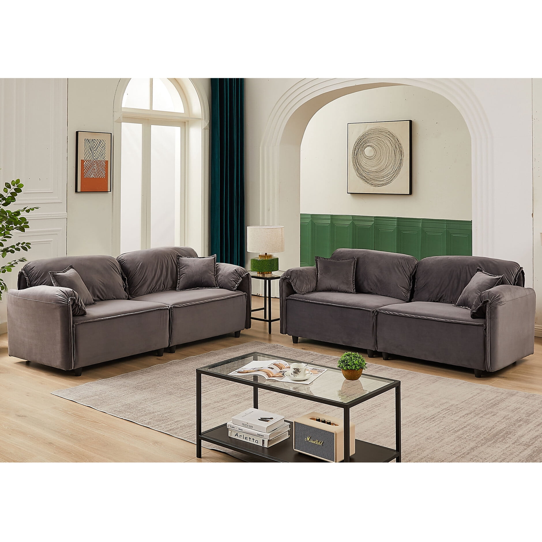 2PCS Sofa Set, 79" Velvet Loveseat Sofa with 4 Pillows, Luxury ...