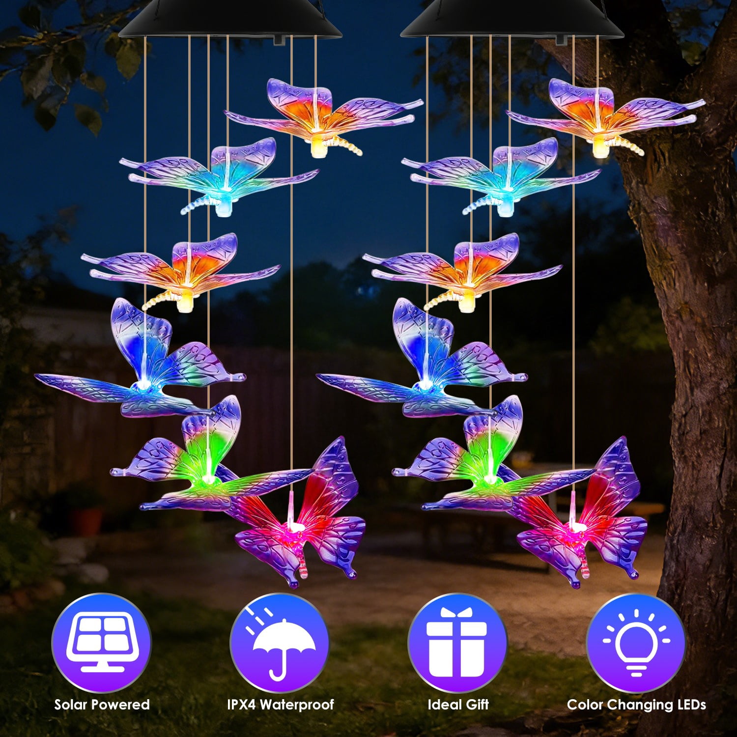 2PCS Solar Butterfly Wind Chimes, Color Changing LED IPX4 Waterproof ...