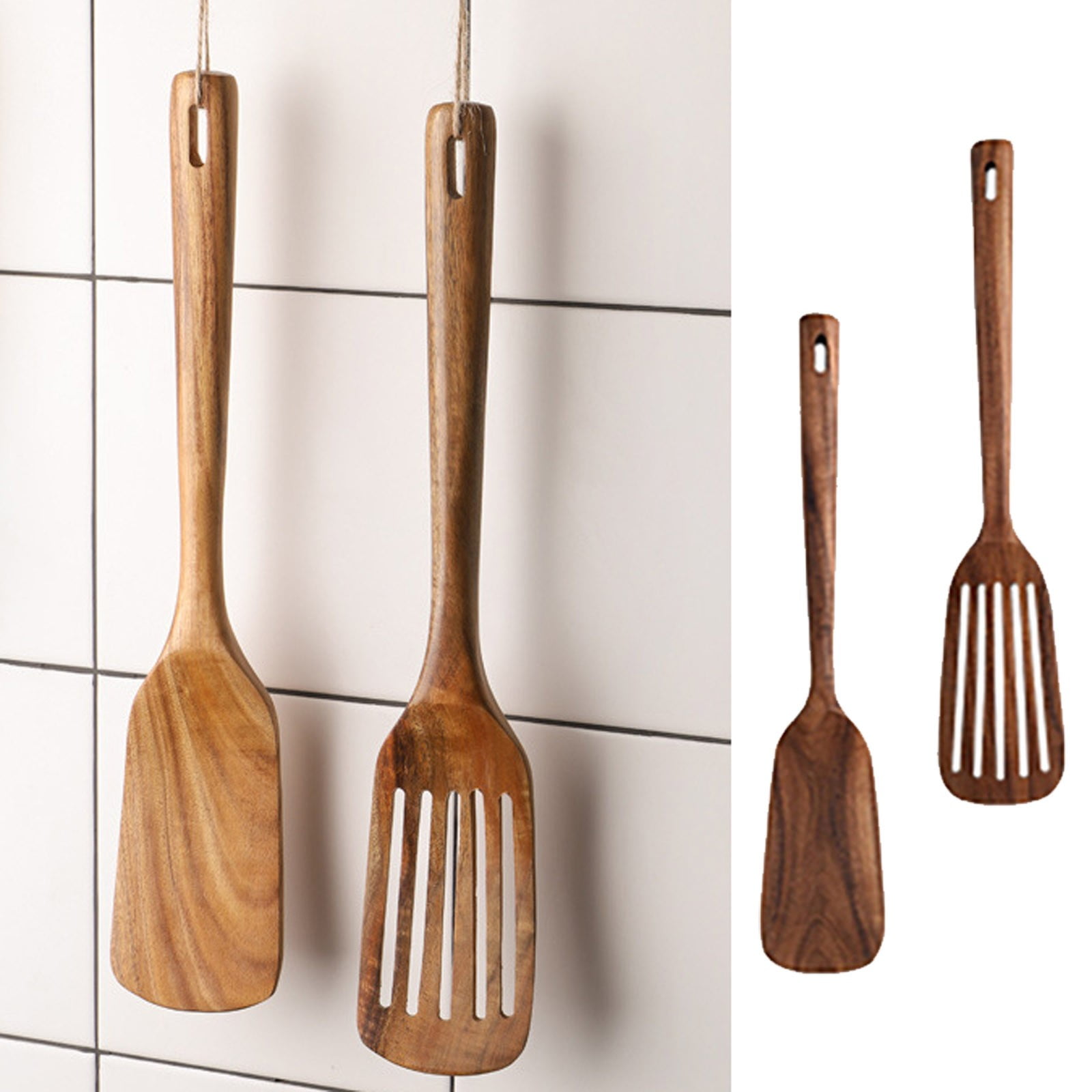 2PCS Spatula Long Handle Solid Wood Spatula Wood Household Non Stick ...