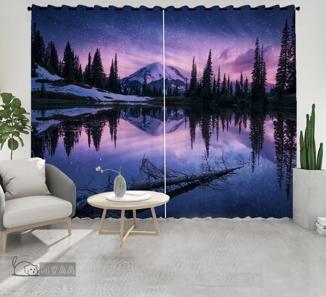 2PCS Starry Sky Moon Stars Beautiful Trees Cloth Curtains for Living ...