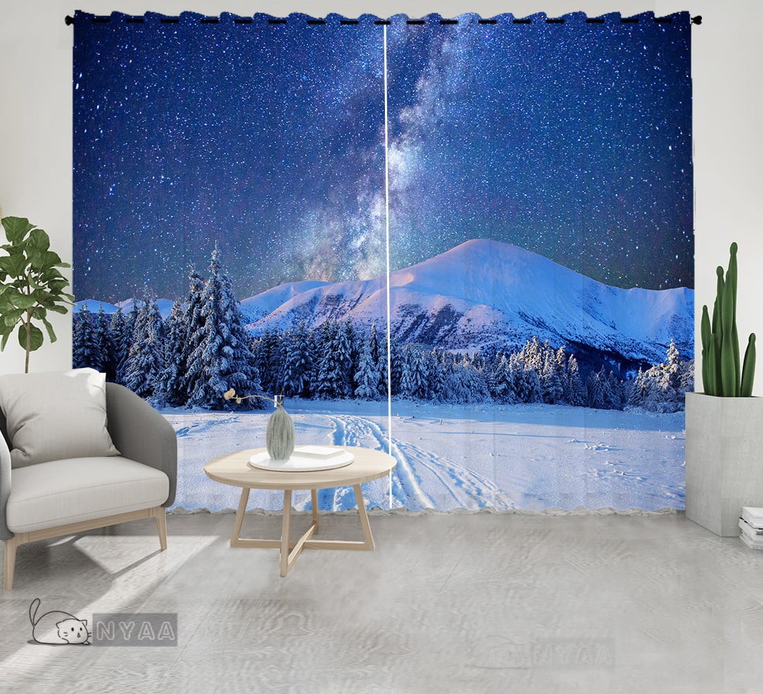 2PCS Starry Sky Moon Stars Beautiful Trees Cloth Curtains for Living ...