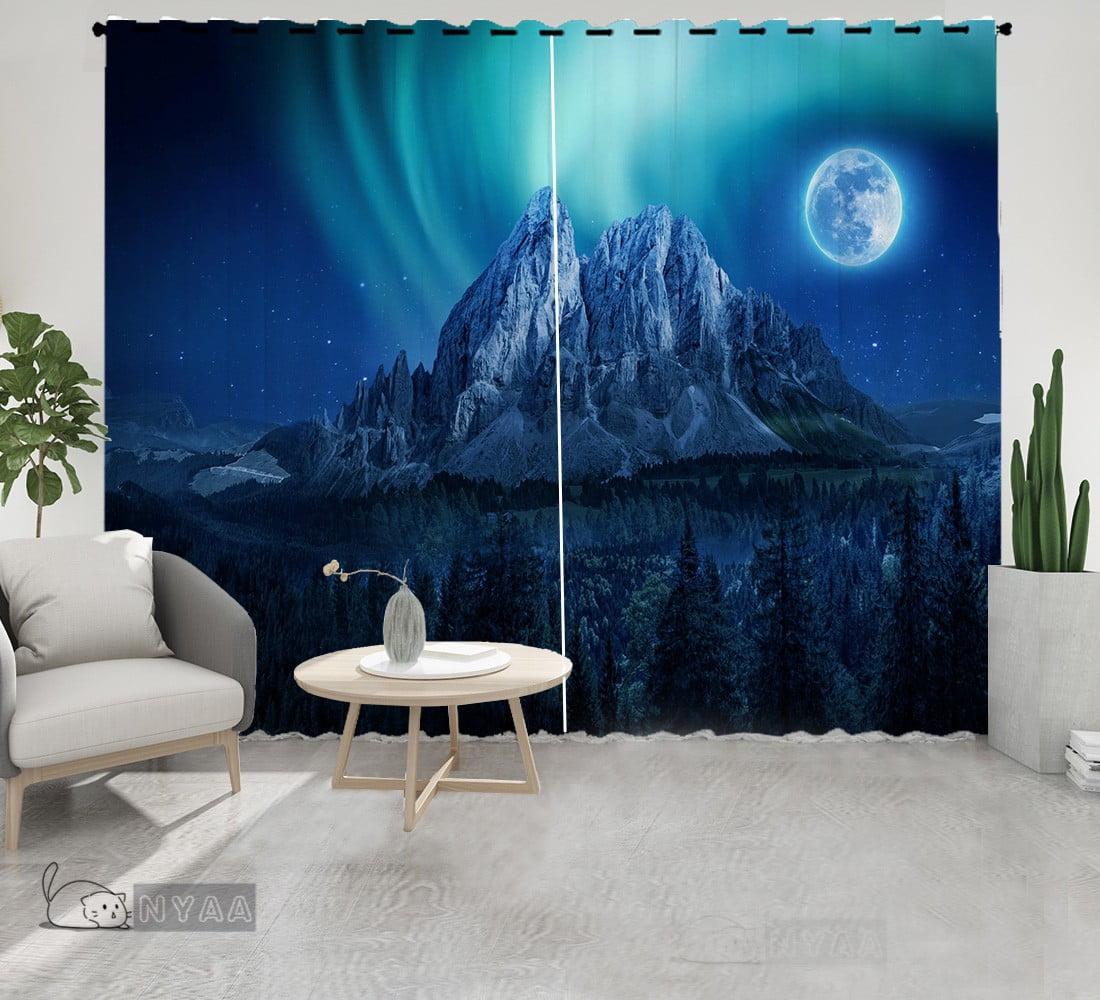2PCS Starry Sky Moon Stars Beautiful Trees Cloth Curtains for Living ...