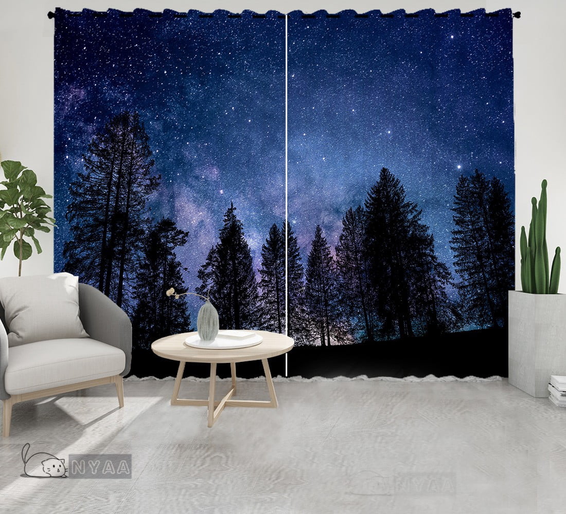 2PCS Starry Sky Moon Stars Beautiful Trees Cloth Curtains for Living ...