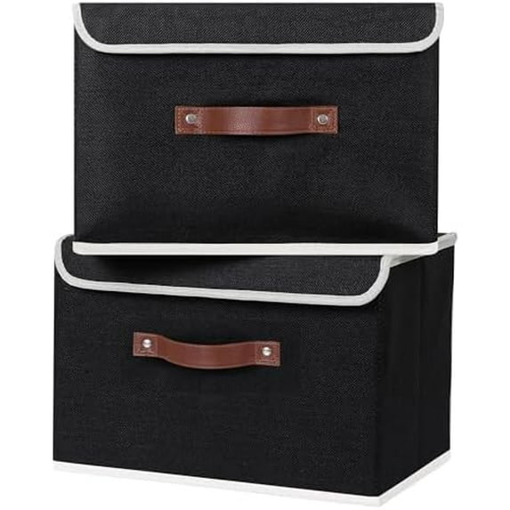 2PCS Storage Bins with Lid PU Leather Handles Storage Boxes PP Plastic ...