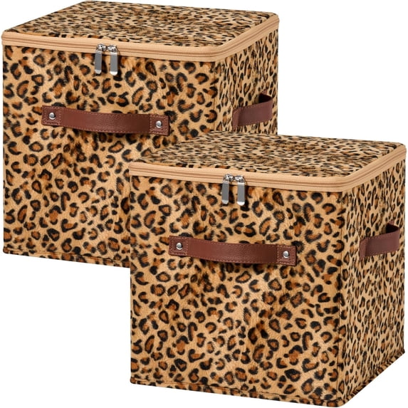 2PCS Storage Cubes with Zipper Lid 11 Inch Leopard Print Velvet Fabric ...