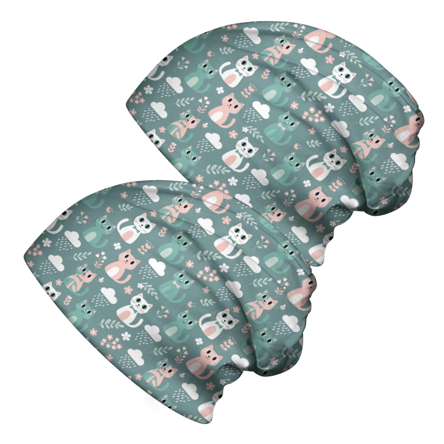 2PCS Stretch Knit Skull Beanie, Hip-Hop Style, Unisex, Lightweight,Cat ...