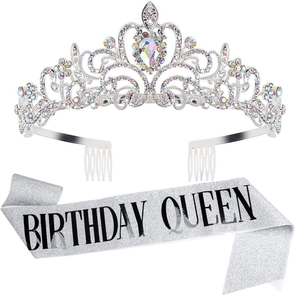 2PCS Stylish Crowns Tiaras Birthday Sash for Women,Shiny Birthday Crown ...