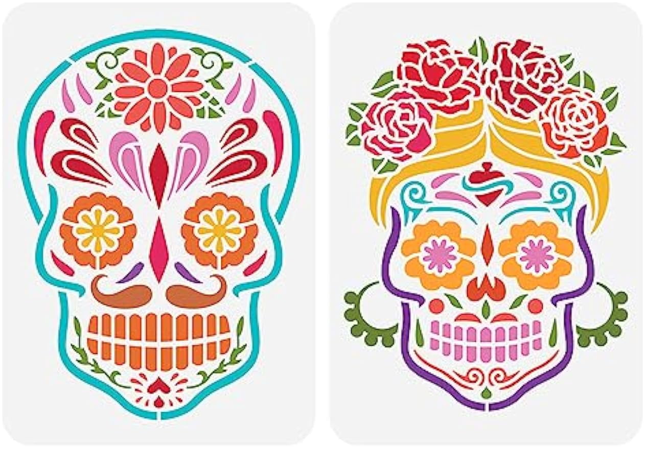 2PCS Sugar Skull Couple Painting Stencil 8.3x11.7inch Day of The Dead ...