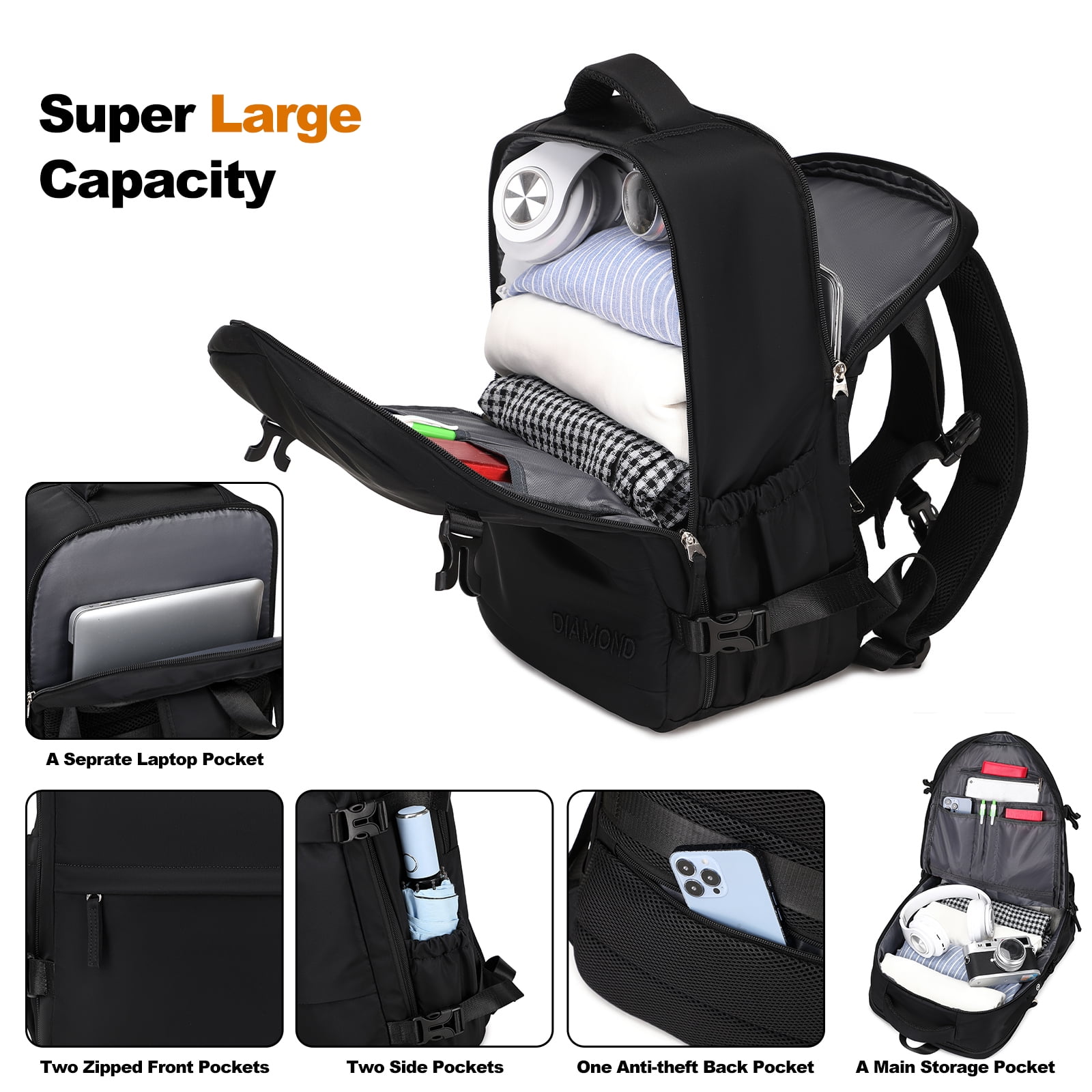Black 2PCS Travel Backpack Set for Adults, Airline Approved, Shoulder ...