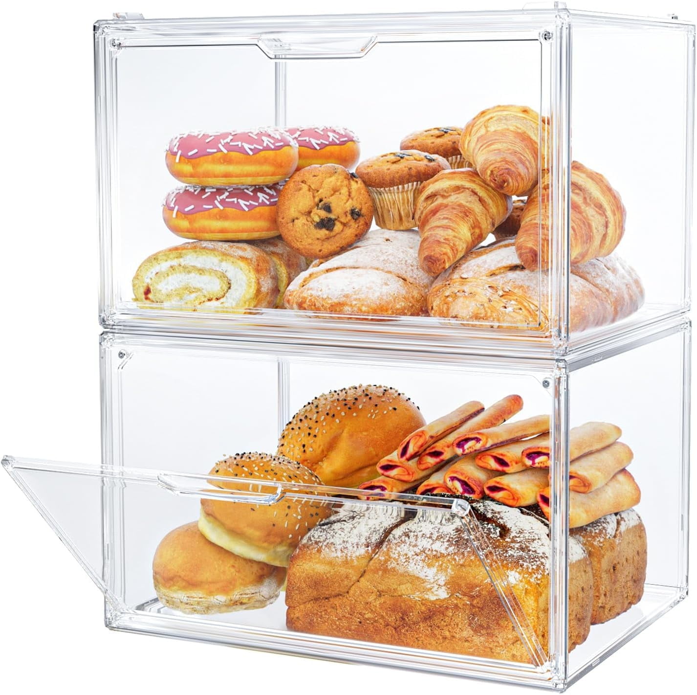 2PCS Upgrade Large Plastic Bread Box Bread Holder, Stackable Double ...