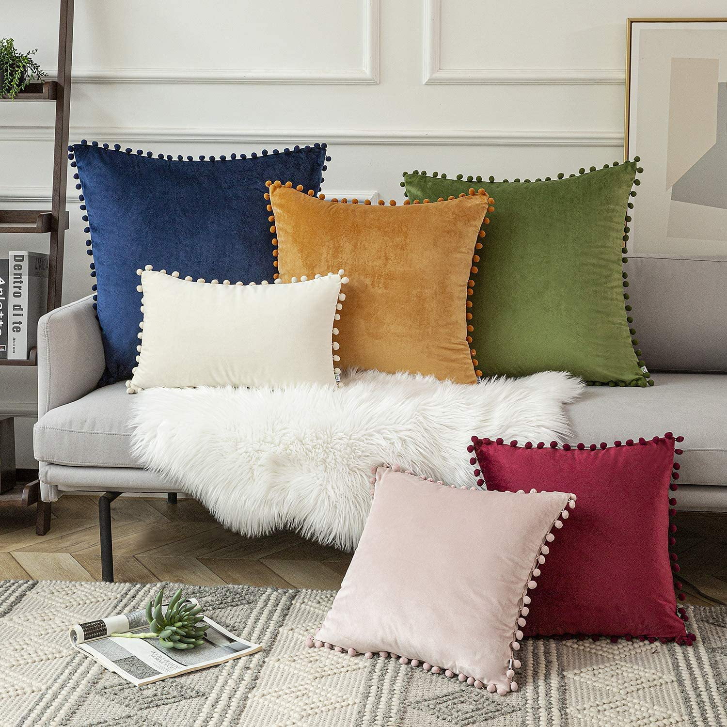 2PCS Velvet Throw Pillow Covers, Cozy Soft Couch Pillow Covers with Pom ...