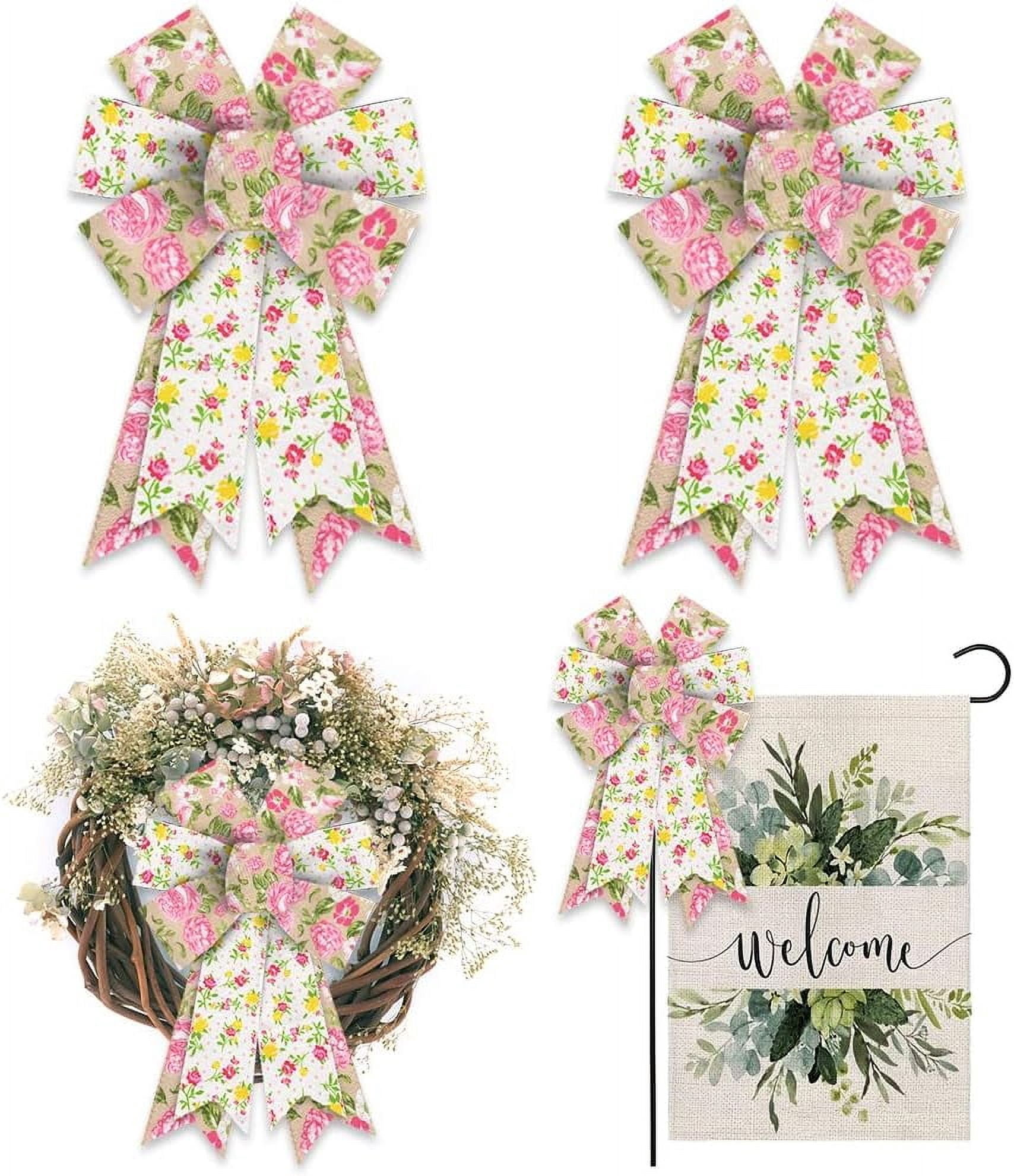 2PCS Vintage Burlap Spring Rose Bows for Wreath, Pink Rose Bows for ...