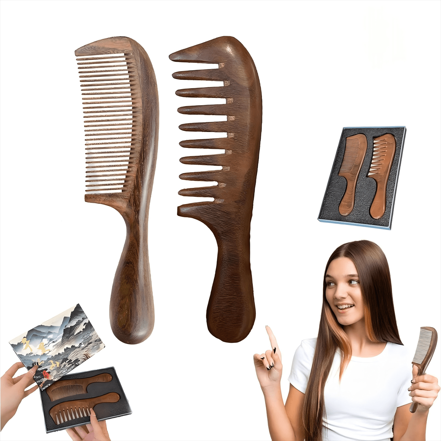 2PCS Walnut Wood Hair Comb,Walnut Hair Comb, Handmade Natural Anti Static Walnut Wood Comb,Wide ...