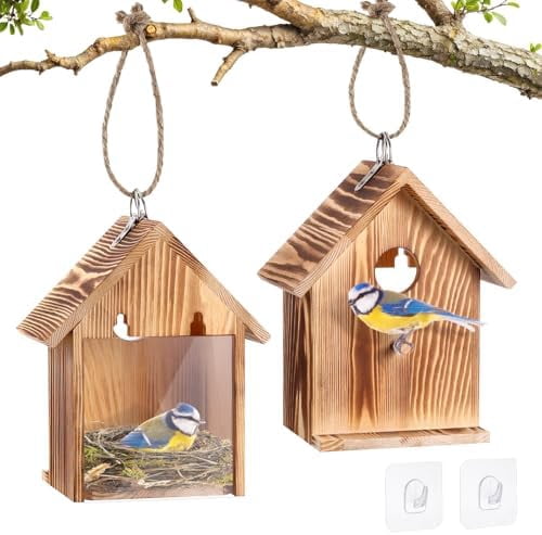 2PCS Window Bird Houses for Outside, Wooden Birdhouses with 2 Powerful ...