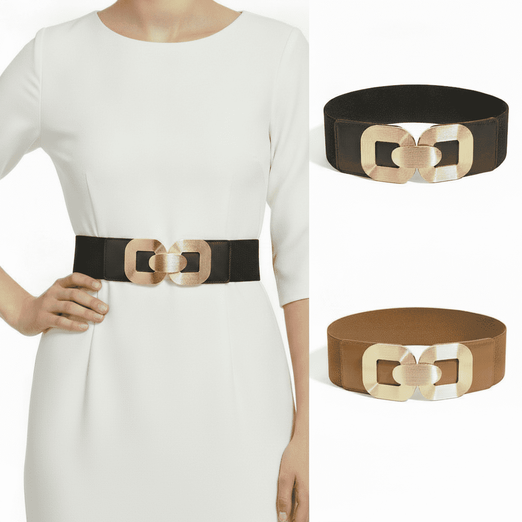 2PCS Women Wide Stretch Waist Belt with Gold Buckle, Fashion Elastic ...