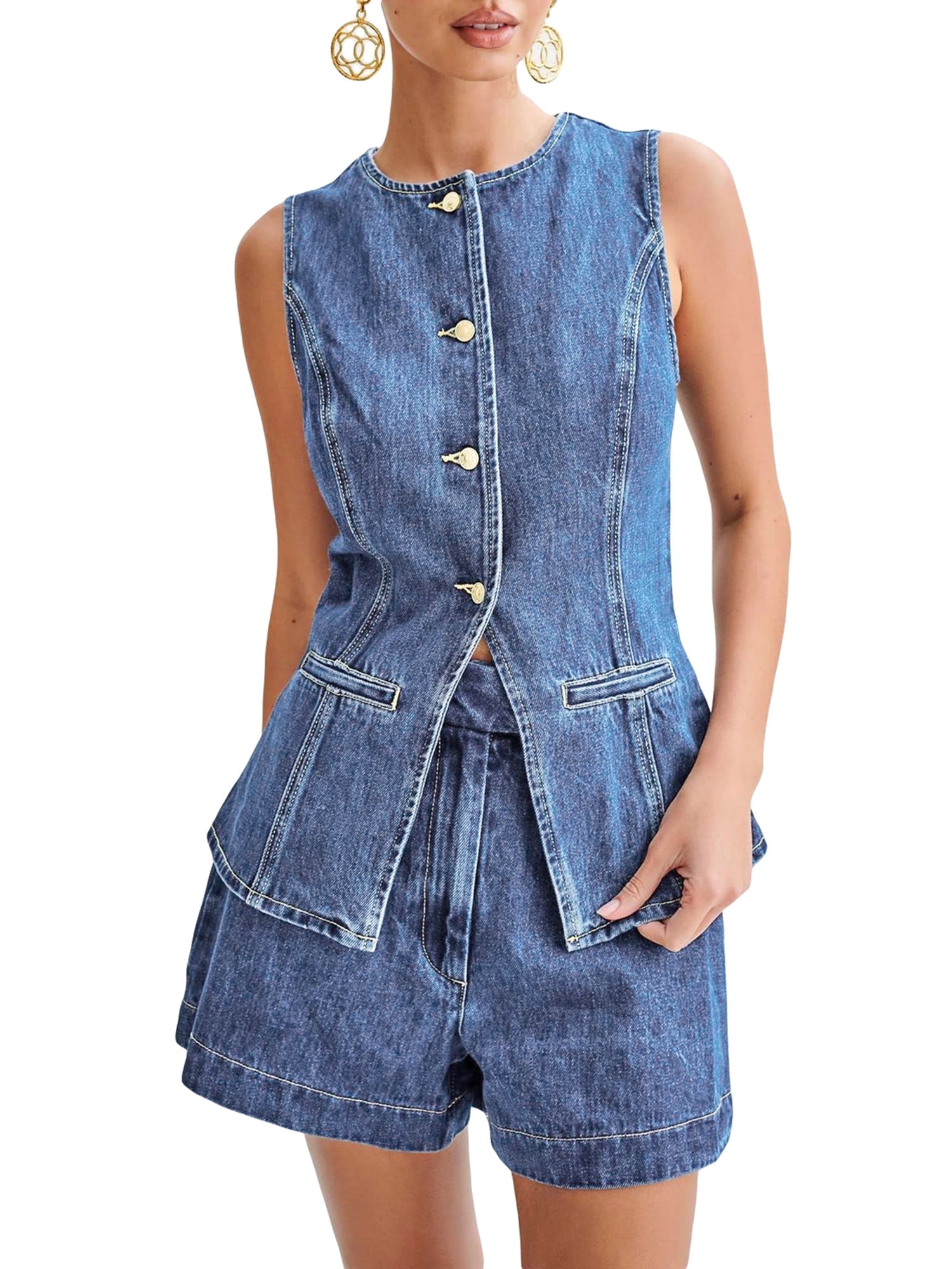 2PCS Women's Denim Set Casual Business Sleeveless Jean Blazer Vest Tops and Shorts Outfit ...