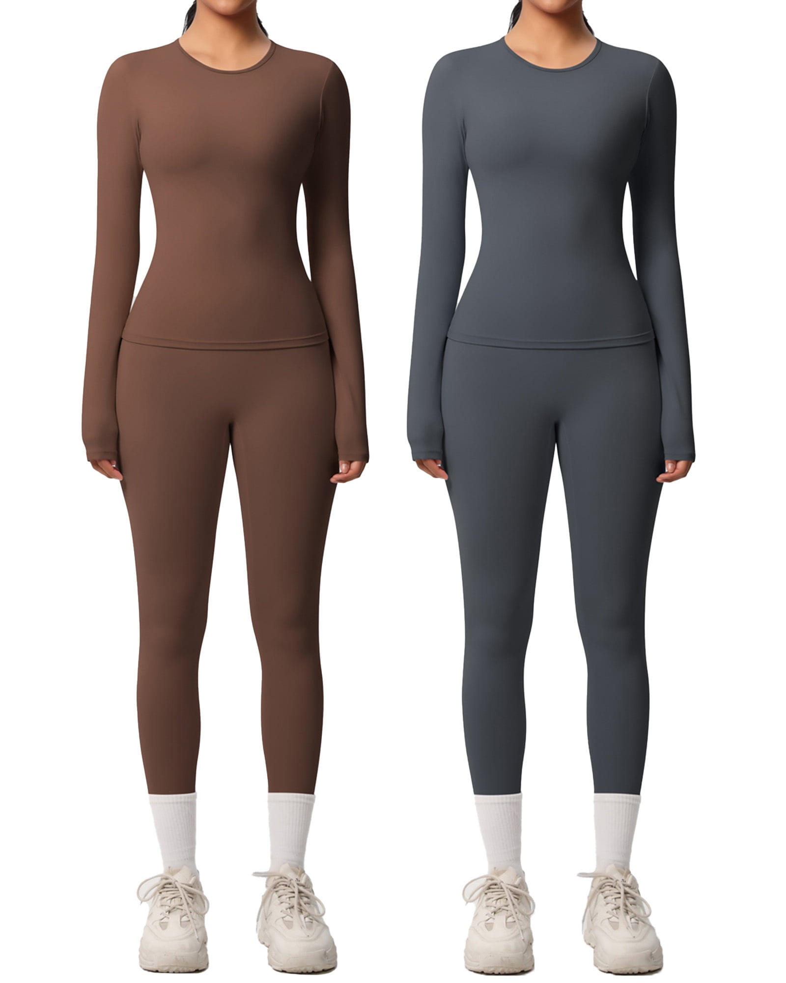 2PCS Women's Workout Set 2 Piece Women Workout Seamless Long Round Neck ...