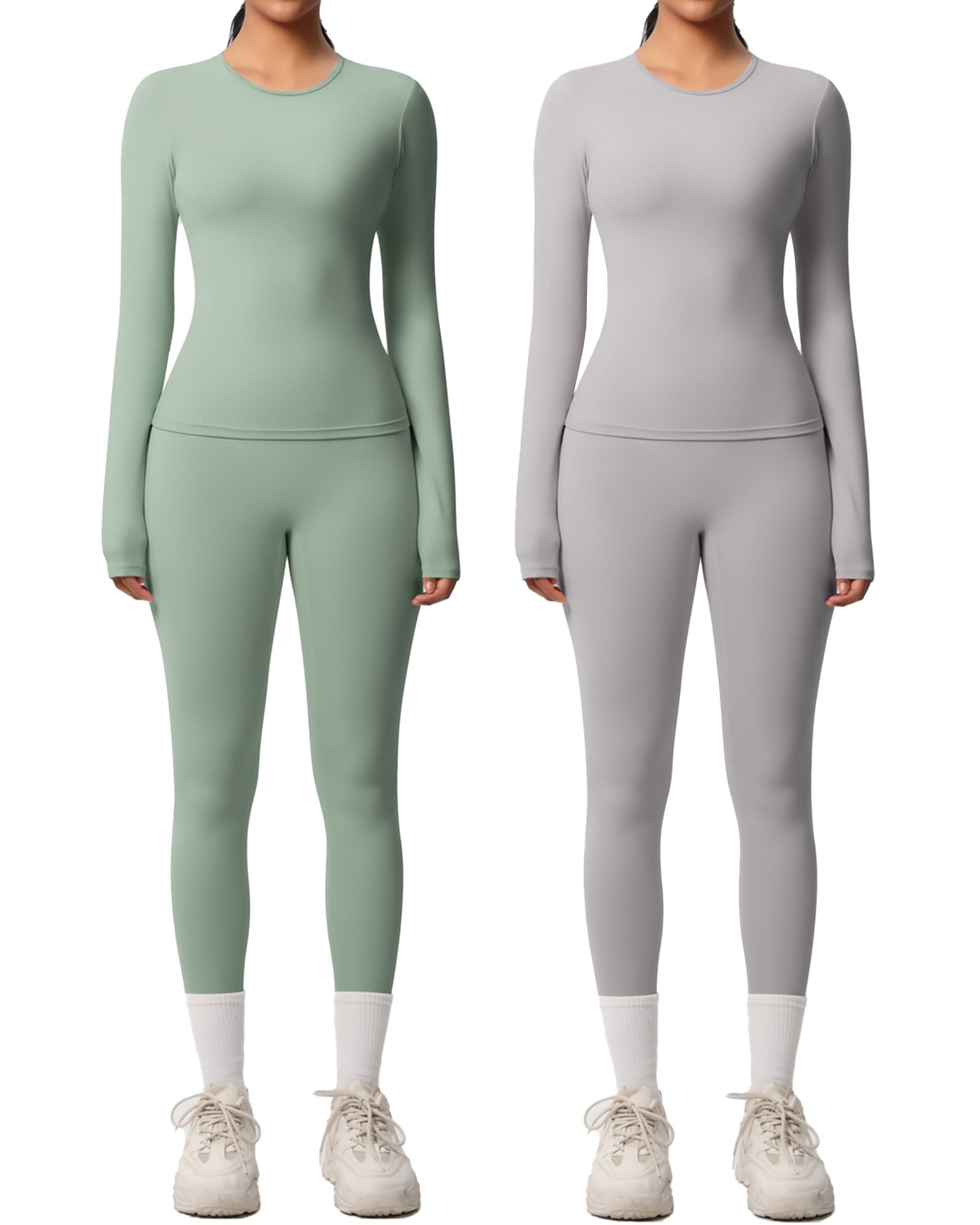 2PCS Women's Workout Set 2 Piece Women Workout Seamless Long Round Neck ...